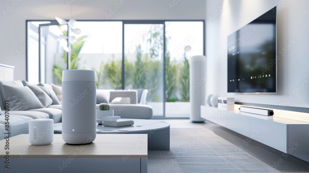 A modern living room equipped with smart home devices such as voice ...