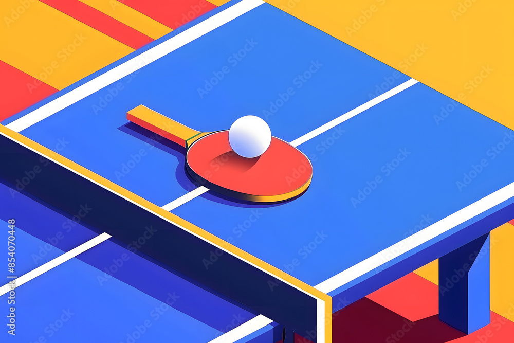 Ping Pong blue table with red racket and white ball. Ping-Pong ...