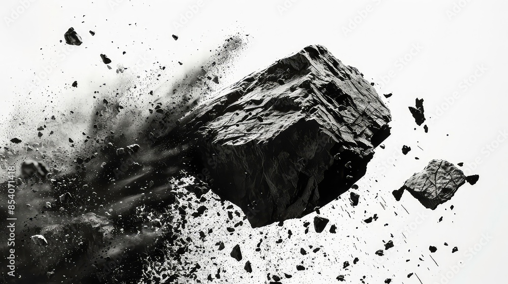 Rock stone white background fall black falling space isolated splash ...