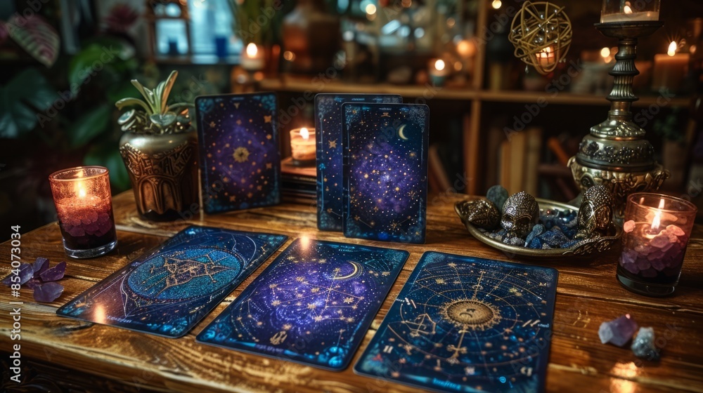 A tarot card spread with a celestial theme featuring a dark blue ...