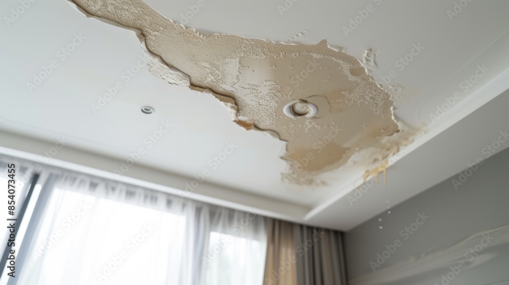 Leaking roof with stains on the ceiling, traces of water damage Stock ...