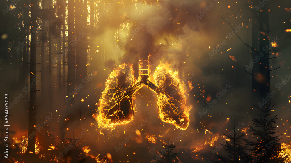 The image shows the devastating impact of wildfires as flames engulf ...