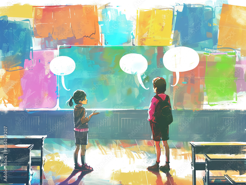 Two children standing in a classroom, animatedly talking to each other ...