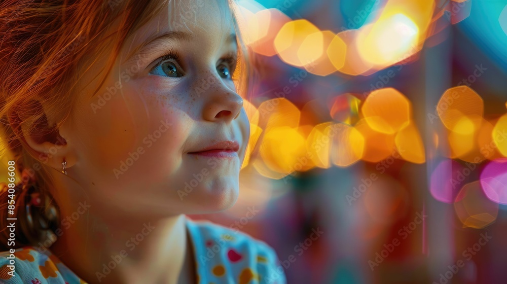 A smiling little girl gazes up at the ferris wheel with wonder, her ...