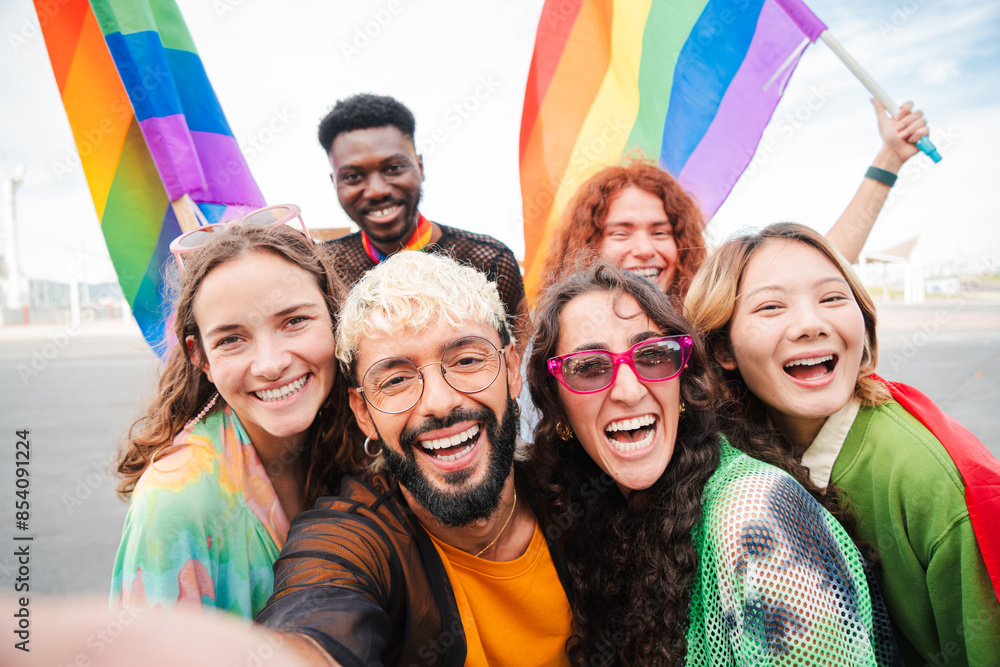 Selfie portrait of a group of lgbt mixed friends celebrating the gay ...