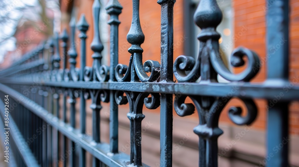 Wrought iron fencing around a house, highlighting intricate scrollwork ...