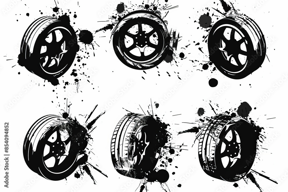 Car wheels icon, tire silhouettes, graffiti spray rim symbol, auto ...