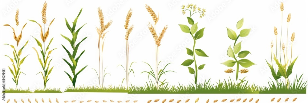 Barley plant icon, wheat symbol, rice pictogram, rye green stalk, oat ...