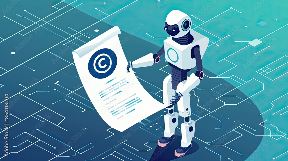 AI robot holding copyrighted artwork, representing AI copyright ...