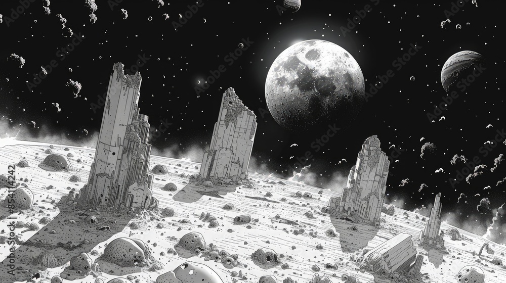 Grayscale Space Base on planet surface. Coloring page for adults. Stock ...