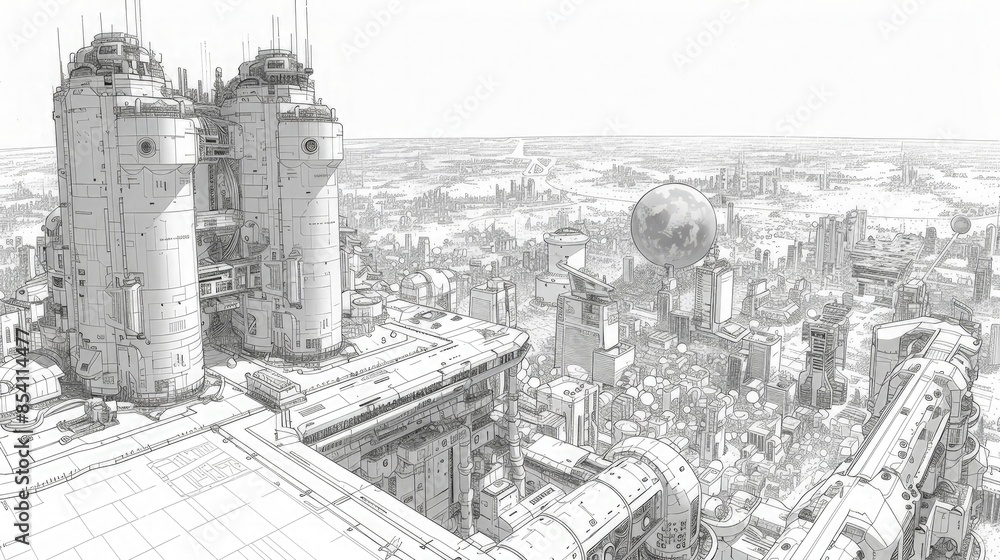 Grayscale Space Base on planet surface. Coloring page for adults. Stock ...