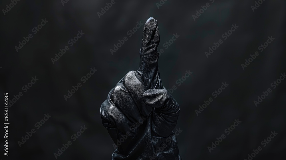 Black gloved hand showing middle finger on dark backdrop with clipping ...