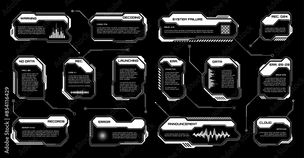 White futuristic HUD, UI elements. Sci-fi user interface text boxes ...