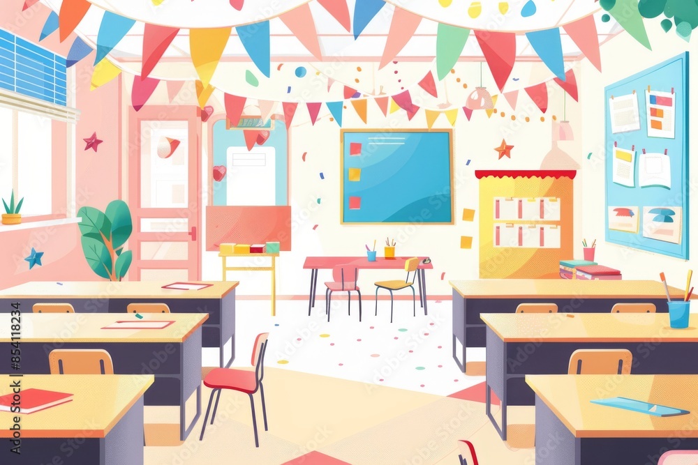A colorful and lively classroom setting, ready to welcome students on ...