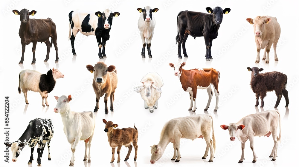Assorted cows in different poses isolated on white - detailed cattle ...