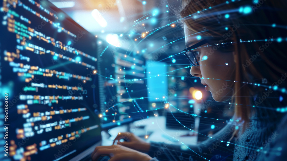 Female programmer coding at computer in modern office environment ...