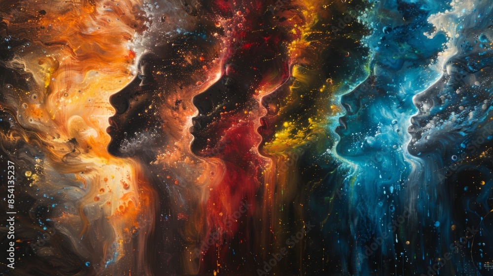 Abstract Painting of Four Colorful Faces in Profile : A Vibrant ...