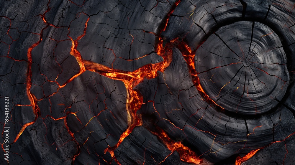 top view on black burning stump with fire veins ember, background for ...