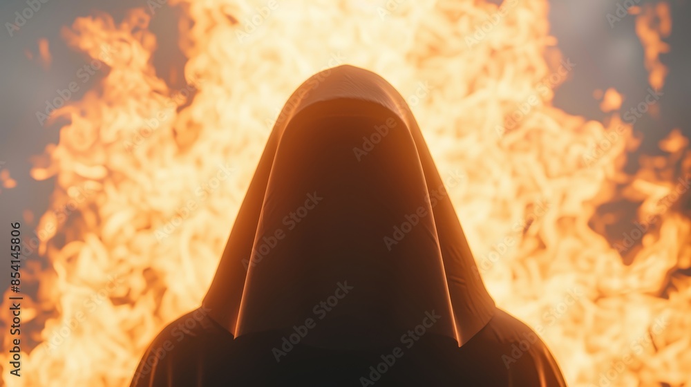 Hooded priest in dark clothing, back view on a white background ...