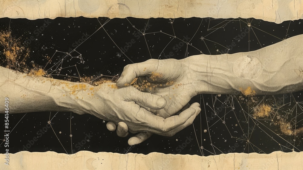 Two hands reach across a starry night sky, connected by a network of constellations. The image ...
