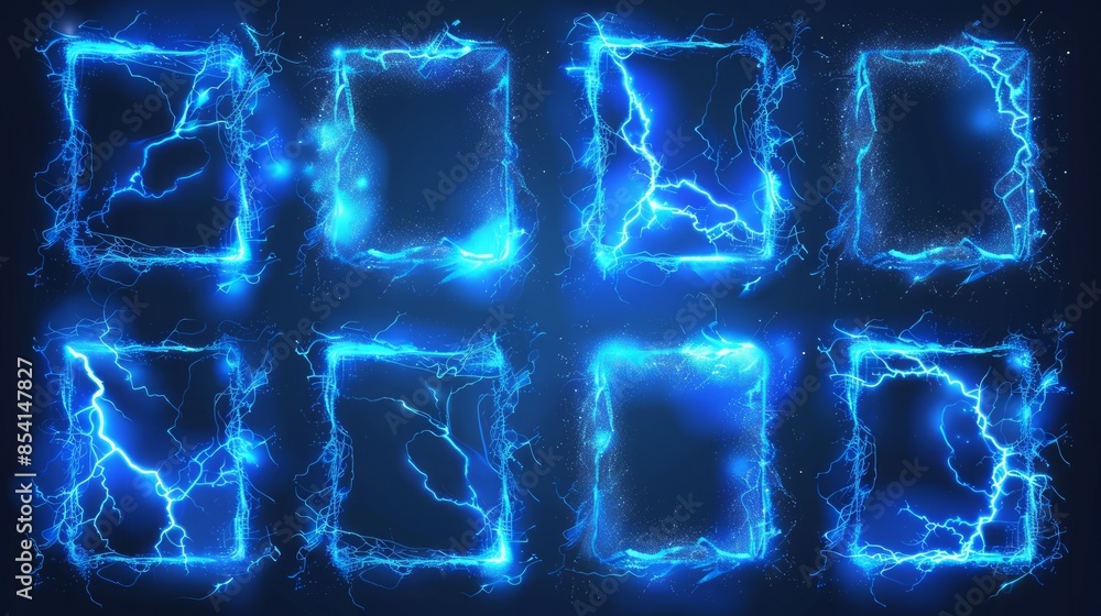 Lightning frames, blue electric borders of rectangular and square ...