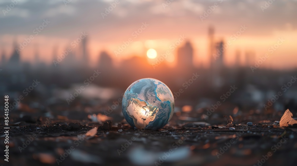 Tiny Earth globe amid debris with an industrial city skyline at sunset ...