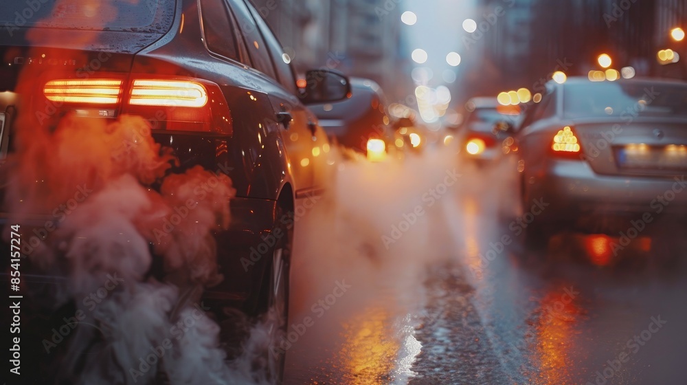 Air pollution from car exhaust smoke in city traffic, focusing on ...