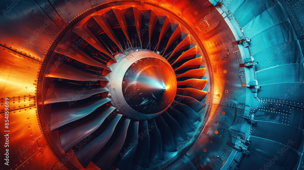 The dramatic close-up of an aircraft engine turbine blade, highlighted ...