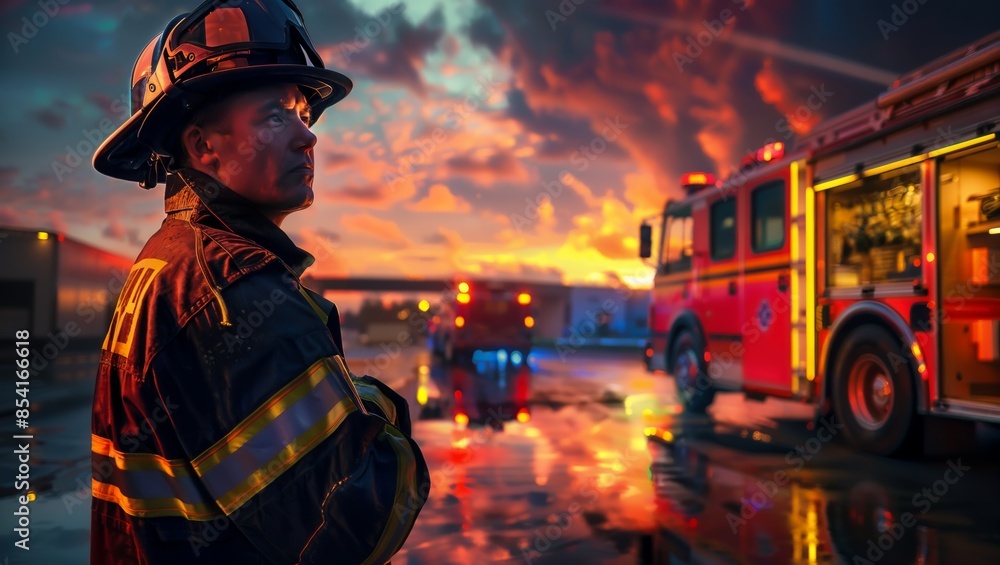 A firefighter stands in front of a fire truck at sunset, reflecting on ...