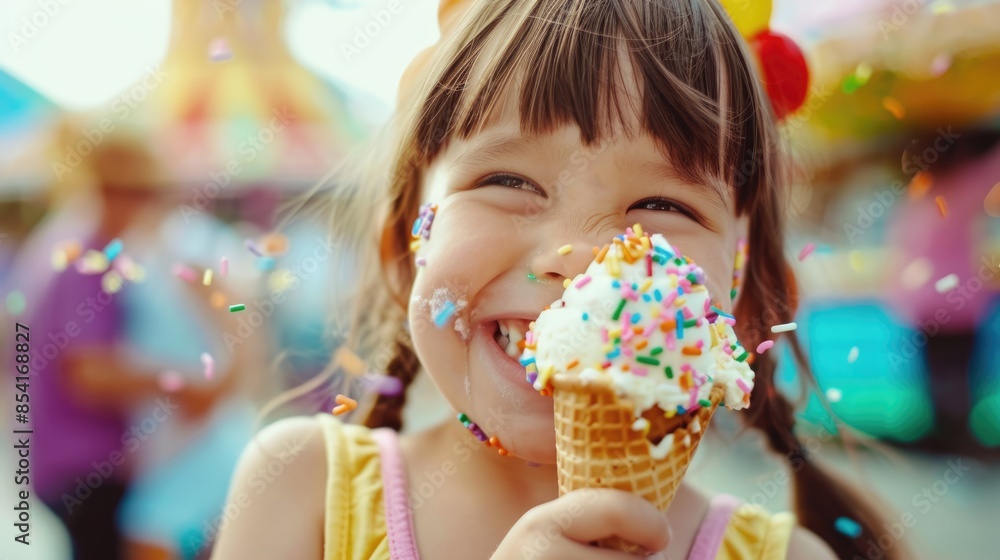 The little girl has sprinkles on her nose and a big smile as she holds ...