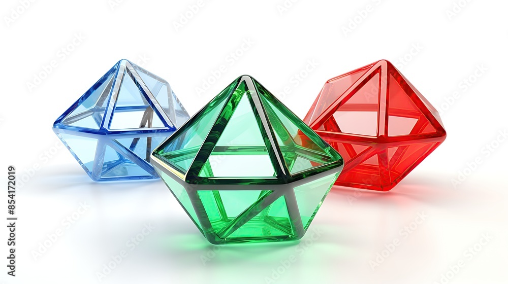 3D rendering of three geometric shapes made of glass. The shapes are a ...