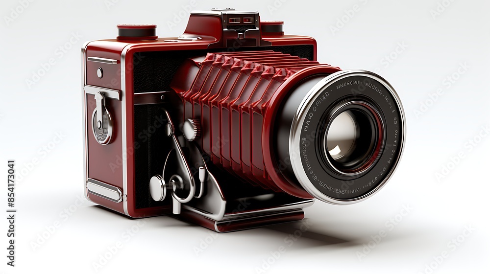 This is a photograph of a vintage camera. The camera is red and silver ...