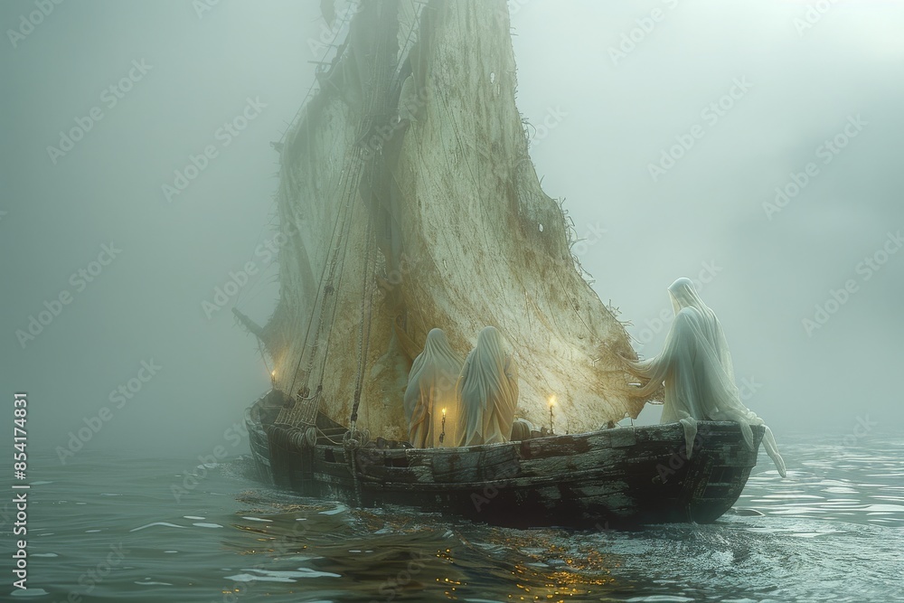 Three ghostly figures in white cloaks navigate a fog-shrouded sea in an ancient, weathered ...