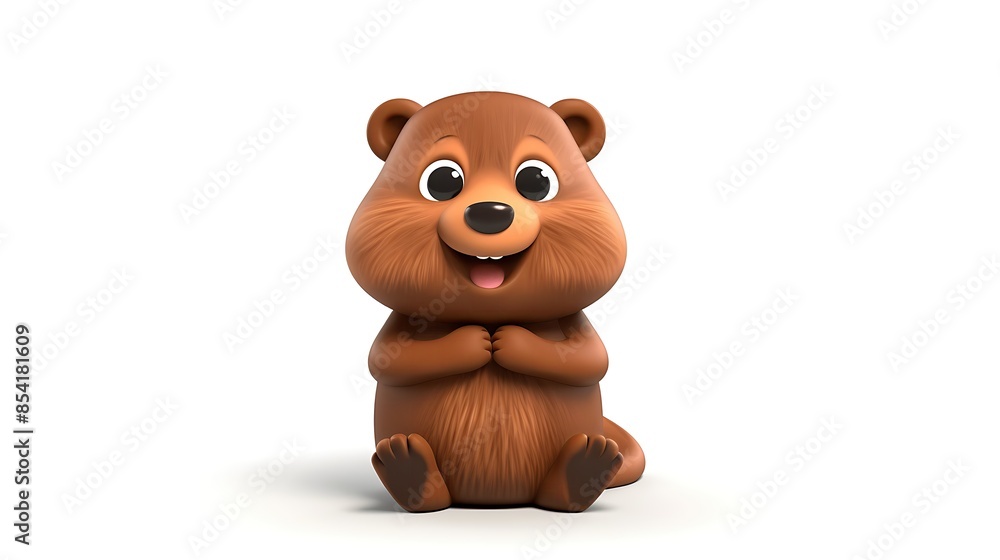 3D rendering of a cute and happy cartoon groundhog sitting on a white ...