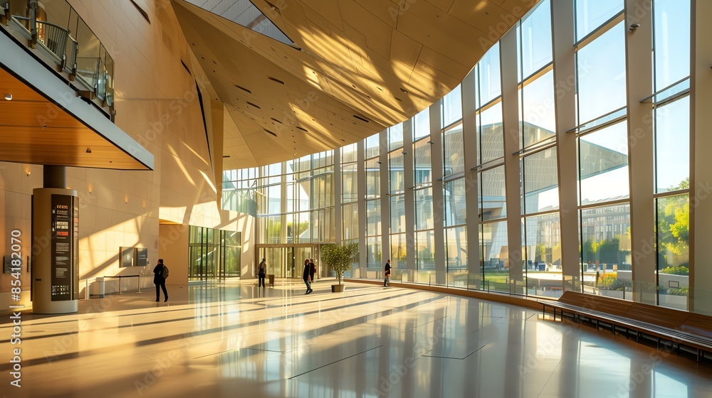 The image is the interior of a modern glass and steel building. The ...