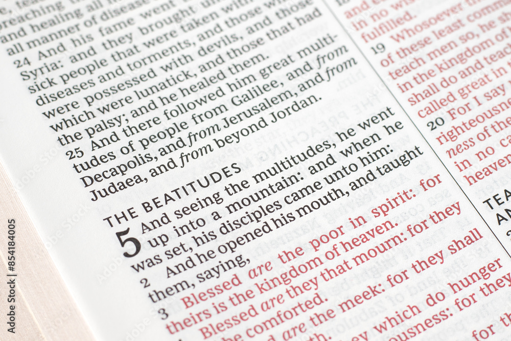 Christian beatitudes verses in open holy bible book. Close-up. Jesus ...