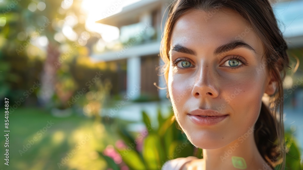 A woman with brown hair and eye shadow is standing in front of a house ...