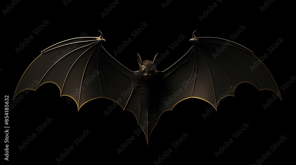 A 3D rendering of a black and gold bat with its wings spread. The bat ...
