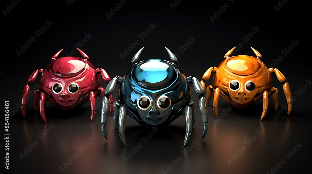 3D rendering of a group of cute and colorful spider robots. The robots ...