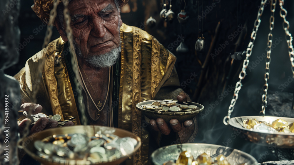 Vintage merchant meticulously weighing coins using a classic balance ...