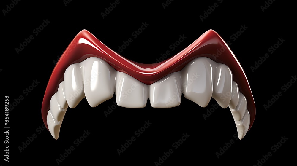 3D rendering of a set of cartoon vampire teeth. The teeth are white and ...