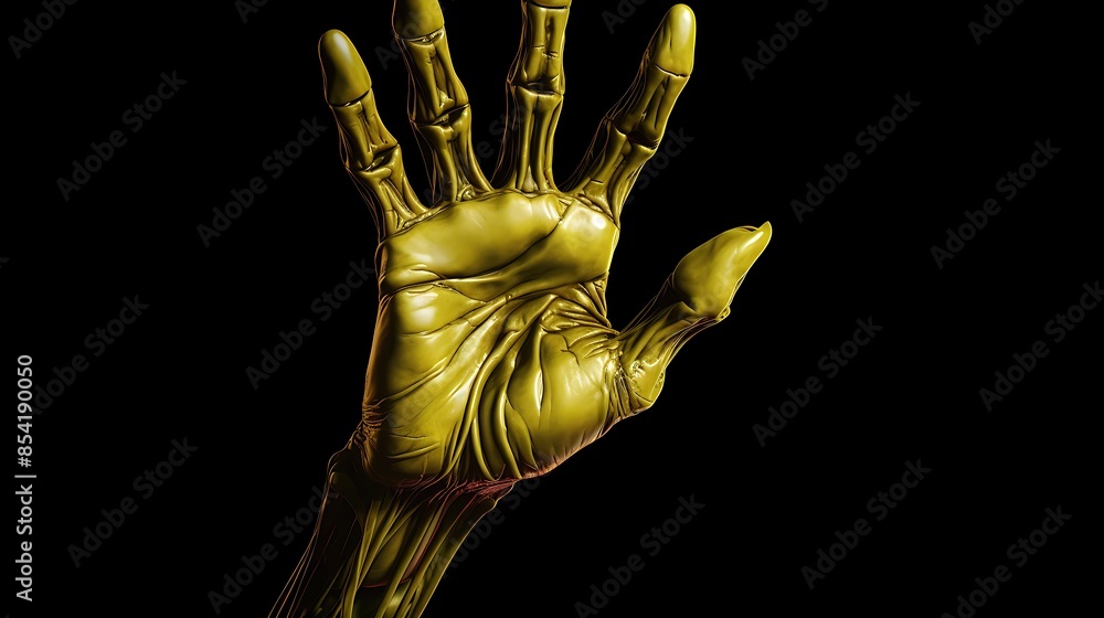3D rendering of a yellow, veiny hand reaching out from the darkness ...
