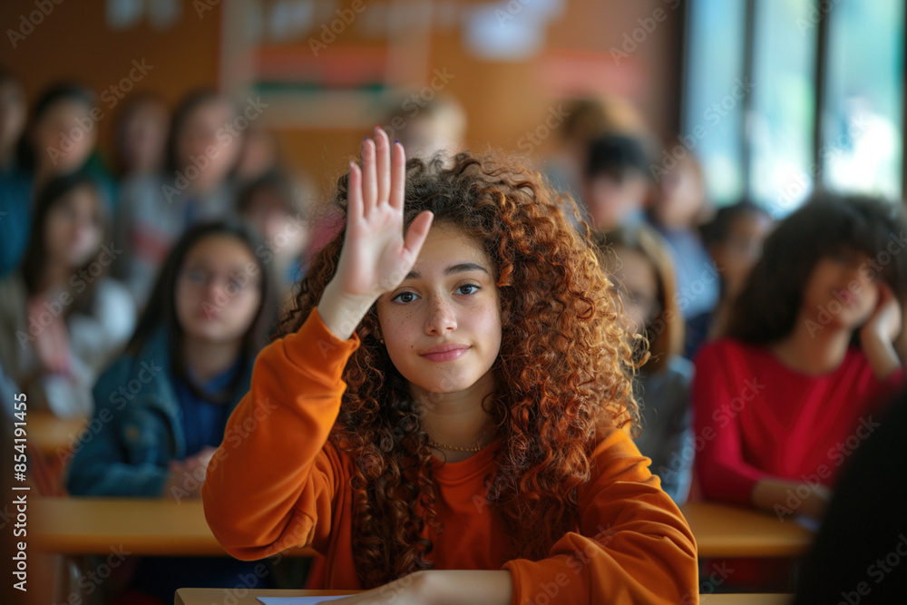 Education concept. Excited young student woman raising hand in a ...