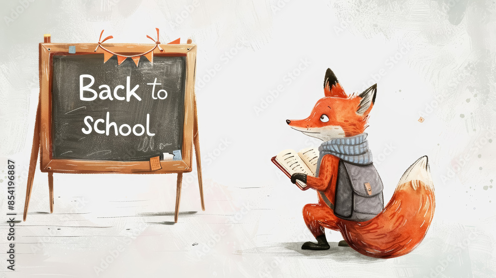 Funny little red fox with a book sitting in front of class next to ...