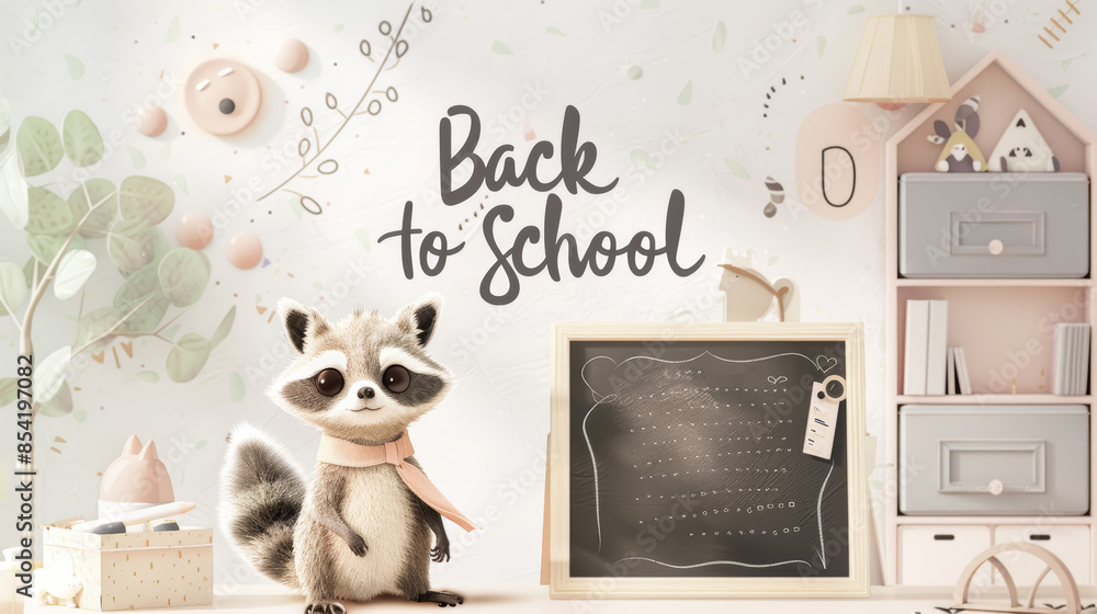Raccoon teacher standing in front of class next to blackboard. Back to ...