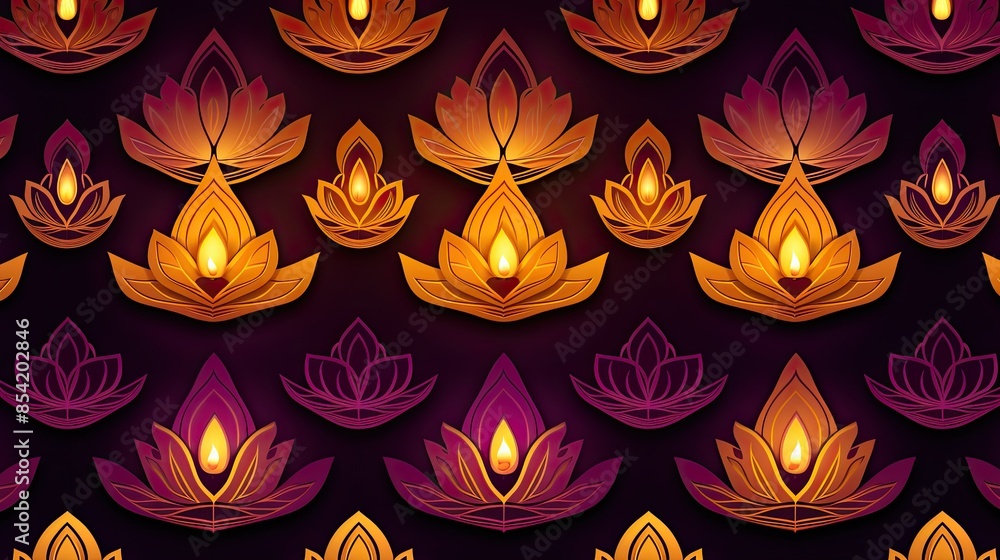 A seamless pattern of lotus flowers in orange and purple. The flowers ...