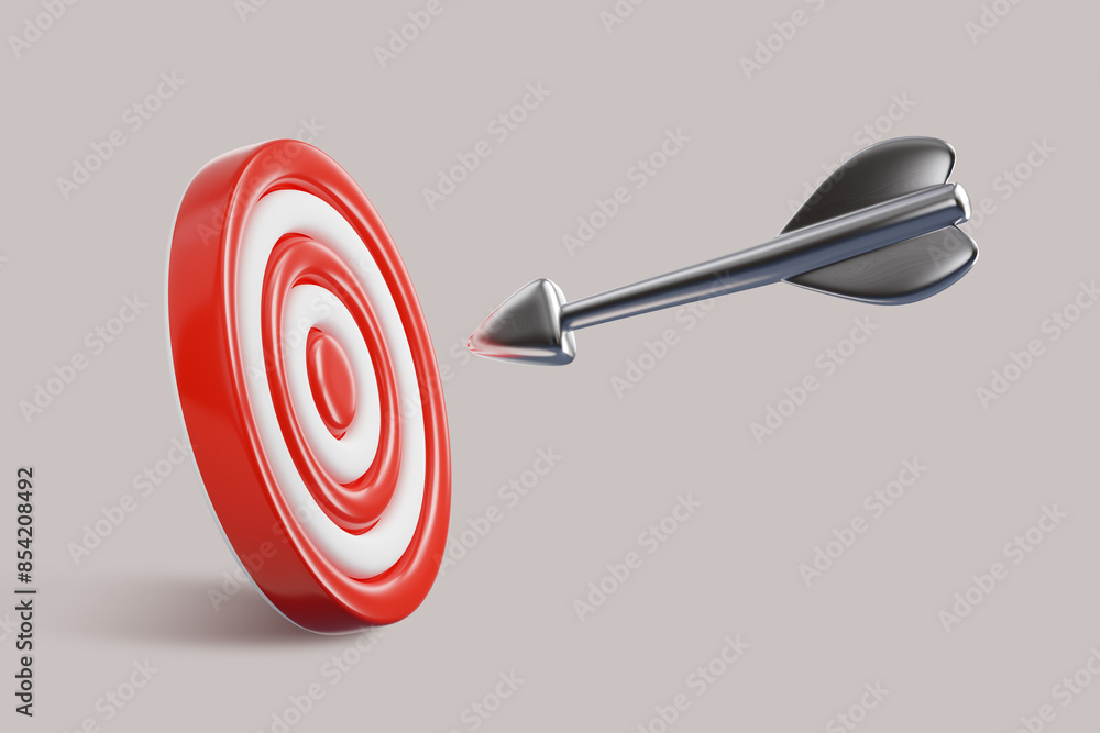 3d illustration of red round shaped target with silver arrow ...
