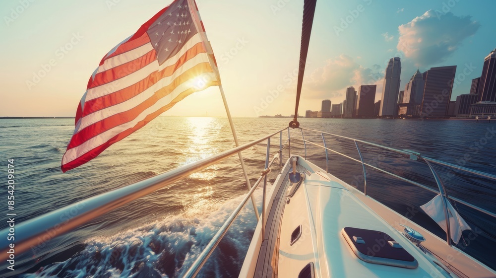 ภาพประกอบสต็อก American flag on the sailboat at sunset. American flag ...