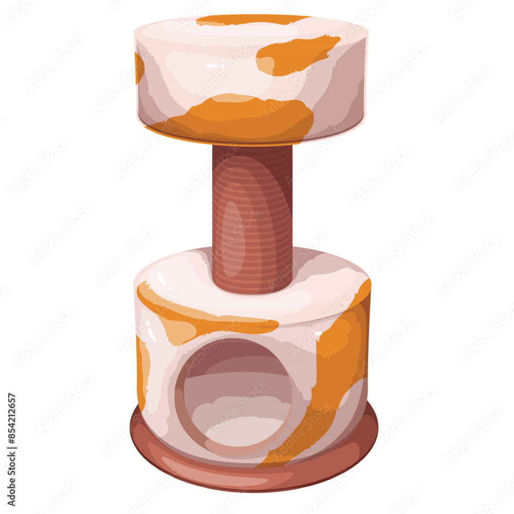 Cat climbing tower with cartoon round house. Funny pole with rope to ...