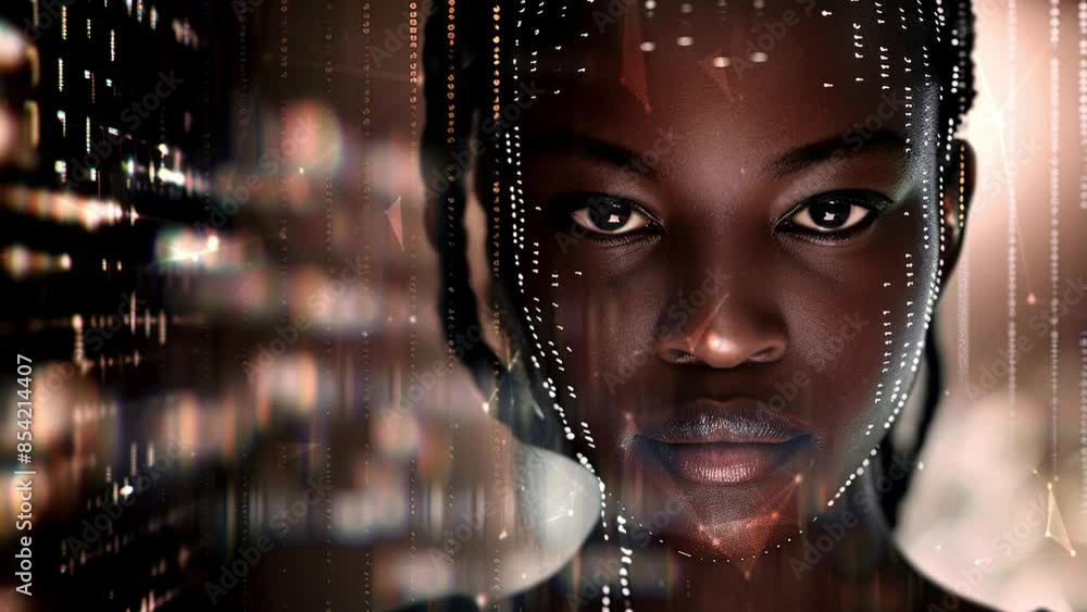 Black woman cyber security expert. With AI code illusminated overlay ...